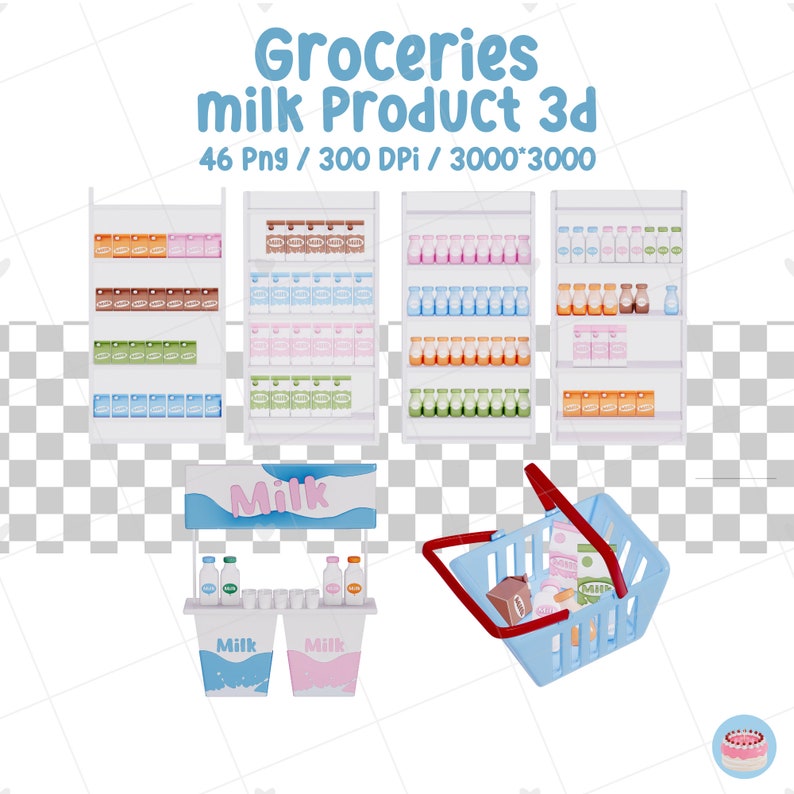 Groceries Milk Products Daily Section Clipart 3D Hand Drawn 46 PNG ...