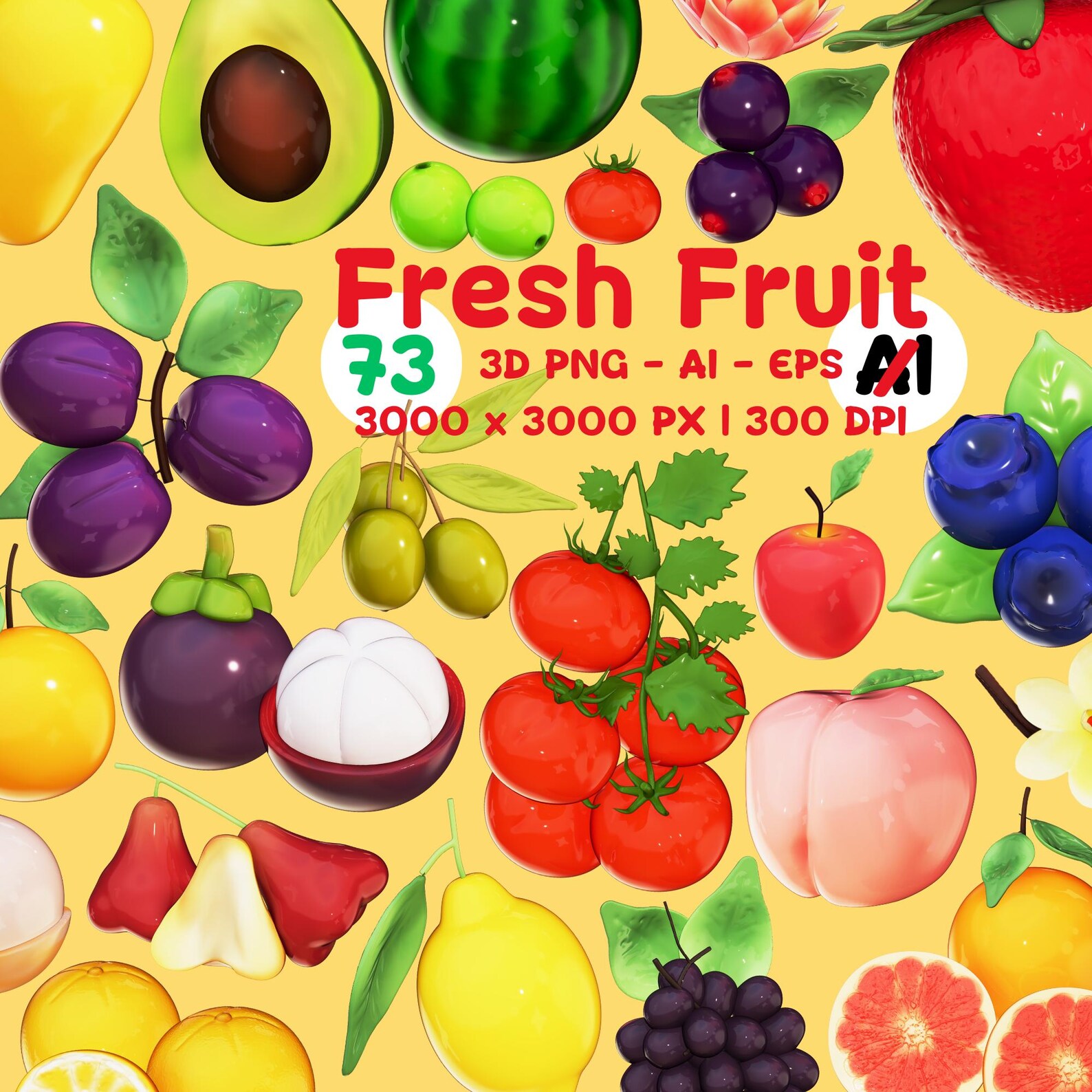 Fresh Fruit Clipart | 73 Hand-drawn 3D Fruit Illustrations ...