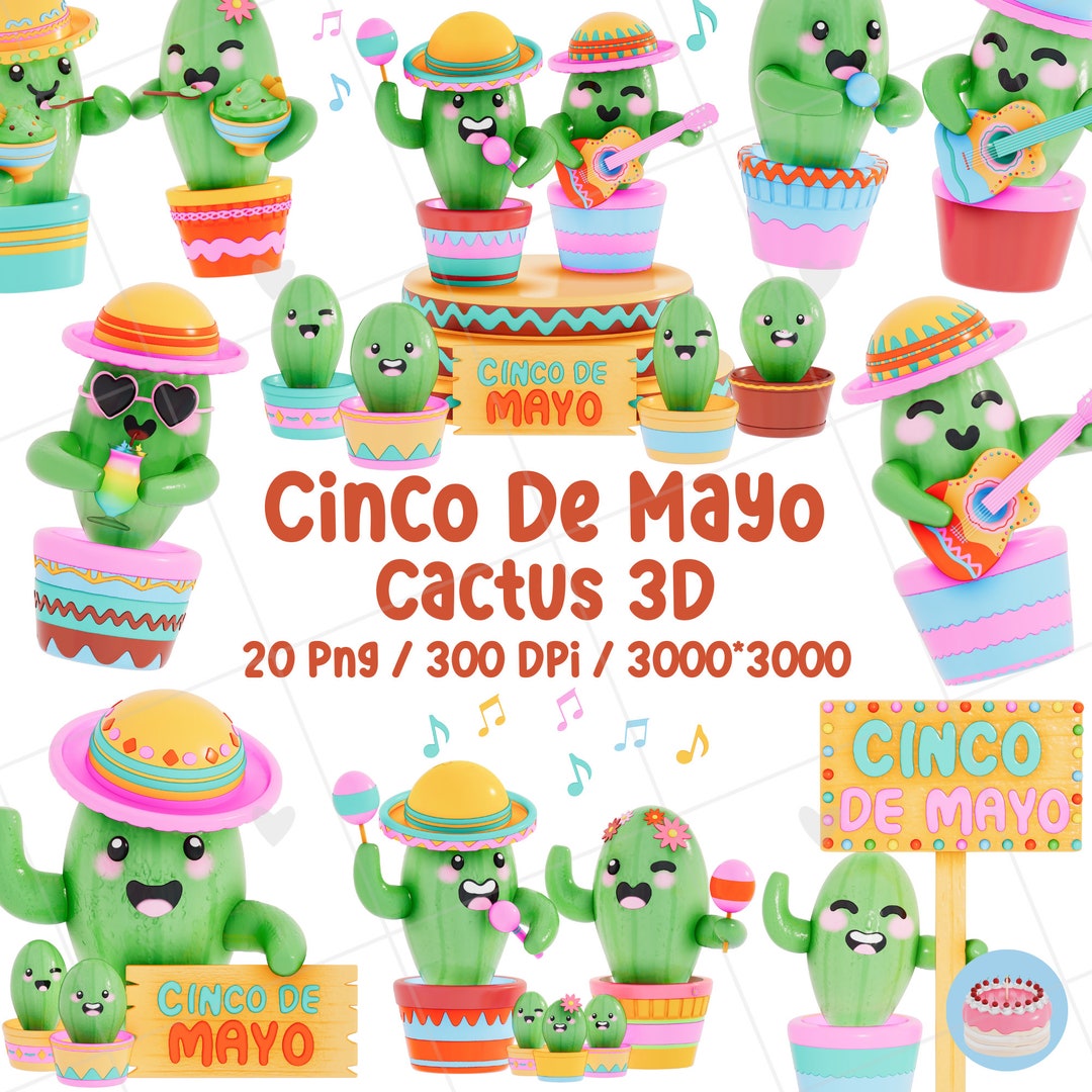 Cinco De Mayo Cactus Clipart: 3D Hand-drawn PNG Set (instant Download ...