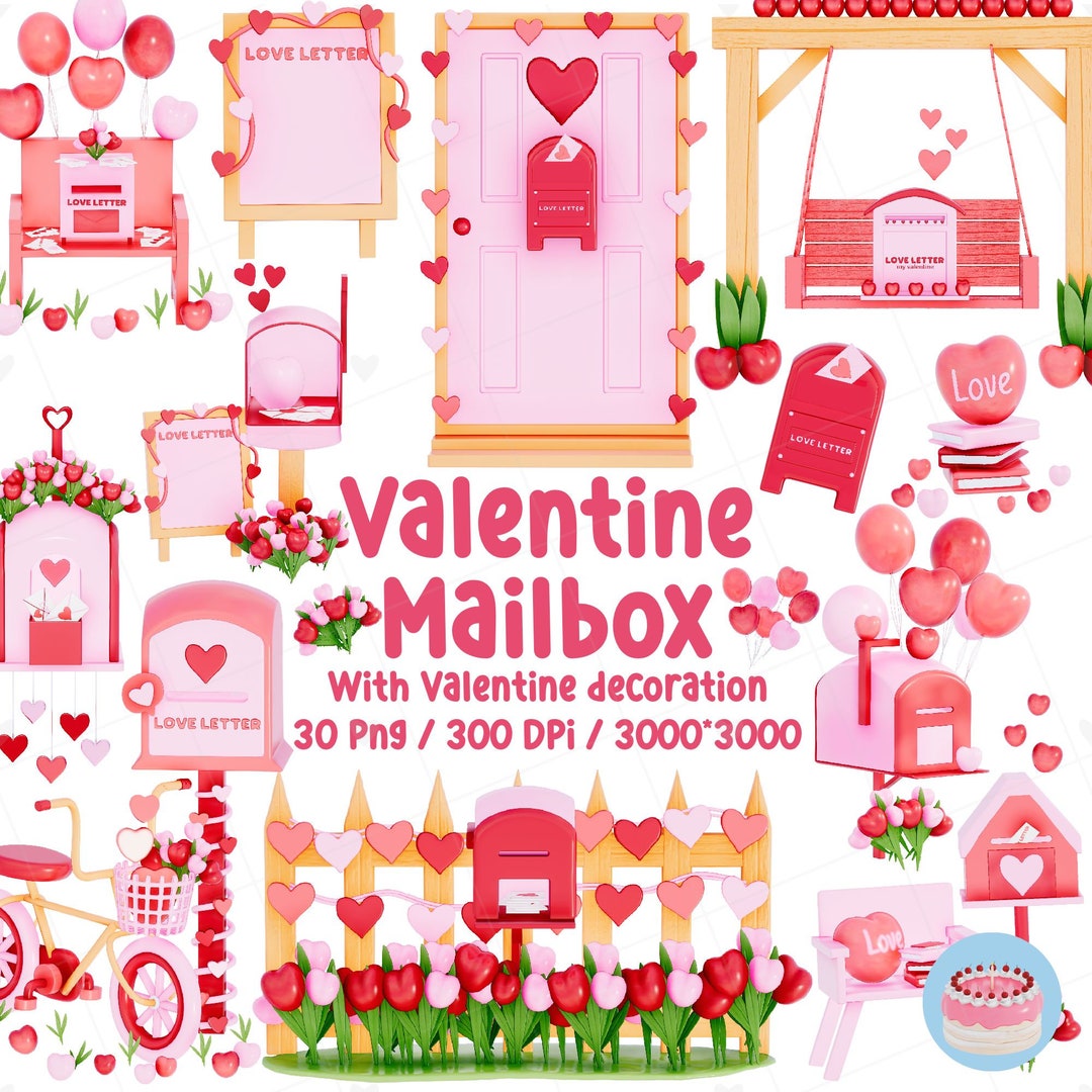 Valentine Mailbox With Cute Decoration 3D Clipart Hand-drawn 30 PNG ...