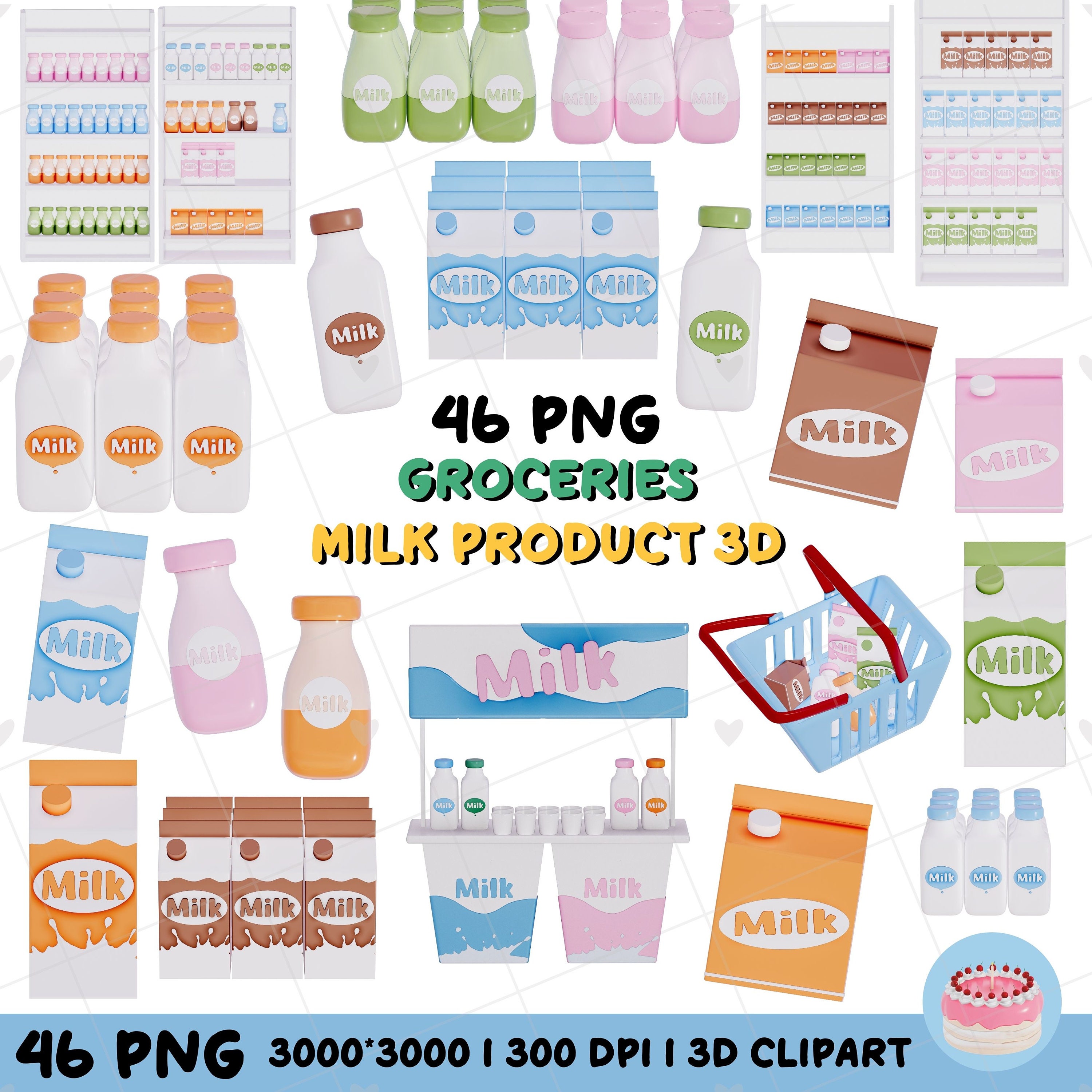 Groceries Milk Products Daily Section Clipart 3D Hand Drawn 46 - Etsy