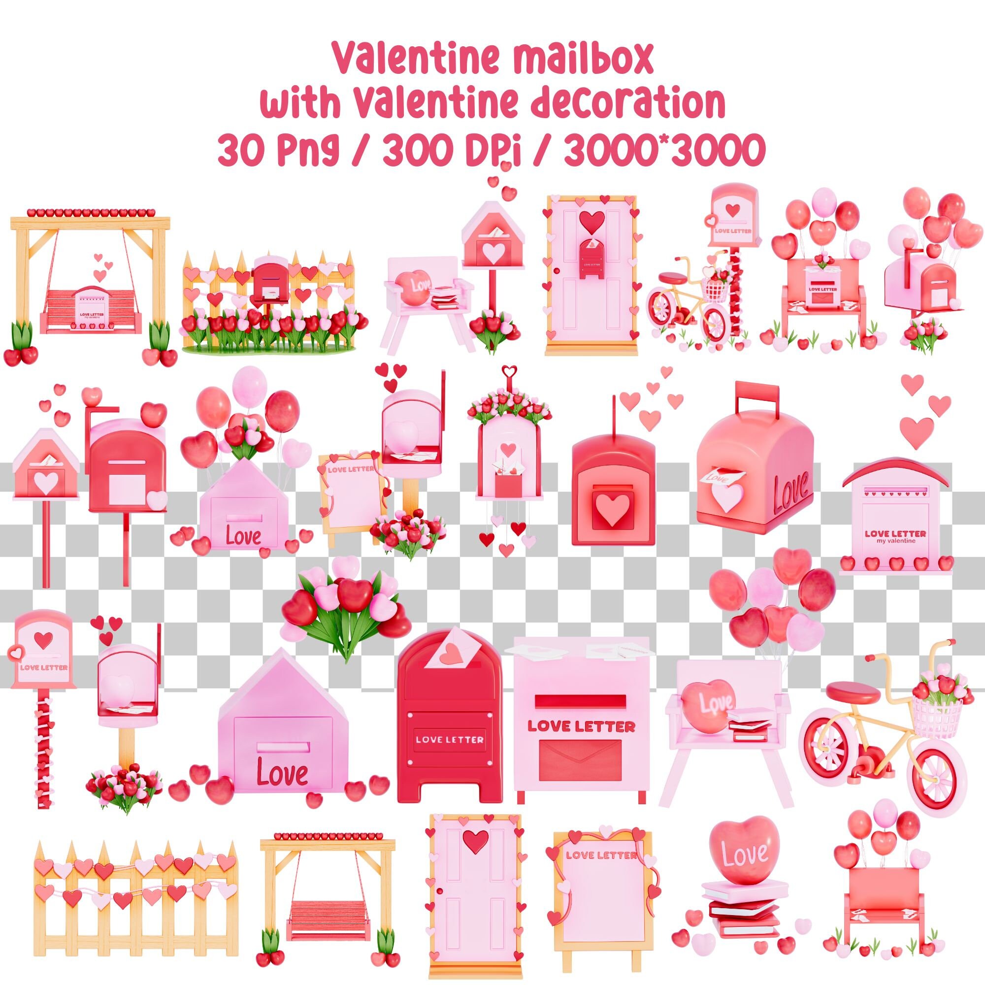 Valentine Mailbox Clipart: 3D Hand-drawn Pngs (instant Download) - Etsy