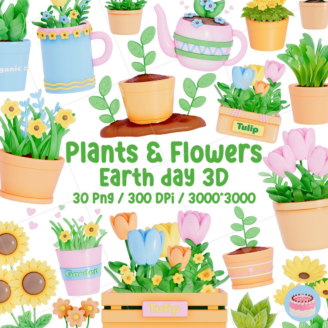 Earth Day Plants & Flowers Clipart: 3D Hand-drawn PNG Set (commercial ...