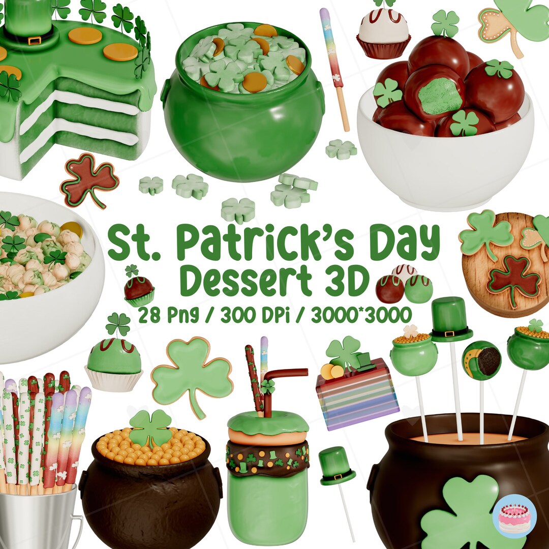 St. Patrick’s Day Dessert 3D Clipart Set 28 PNG , Leprechaun Clipart ...