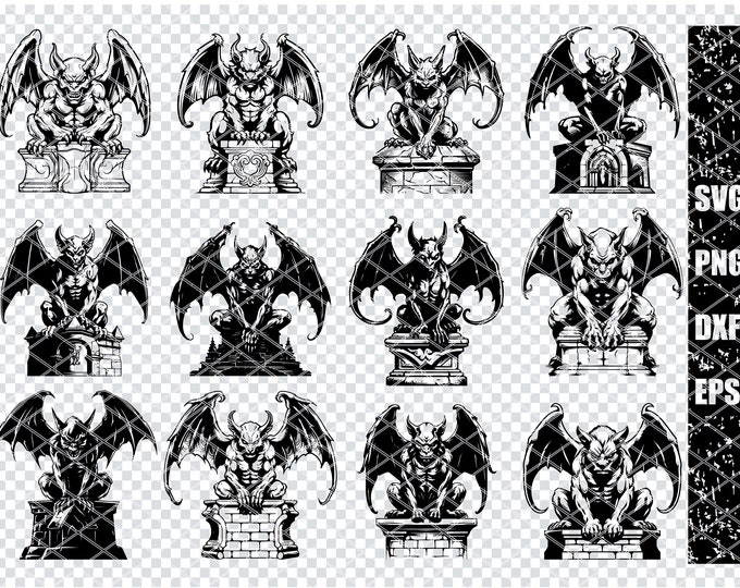 Gargoyle SVG Bundle, PNG, Gothic Clipart, Hand Drawn Gargoyle Vector ...