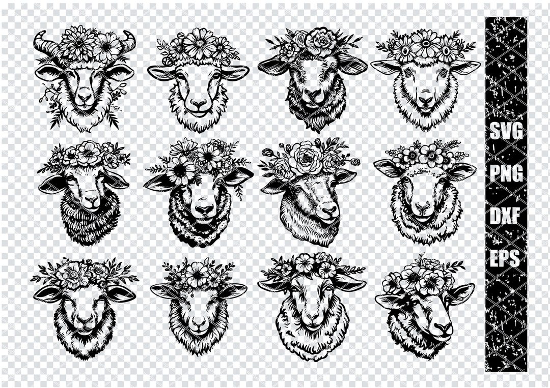 Floral Sheep Head Digital Art, Farm Animal Line Drawing, Printable Wall ...