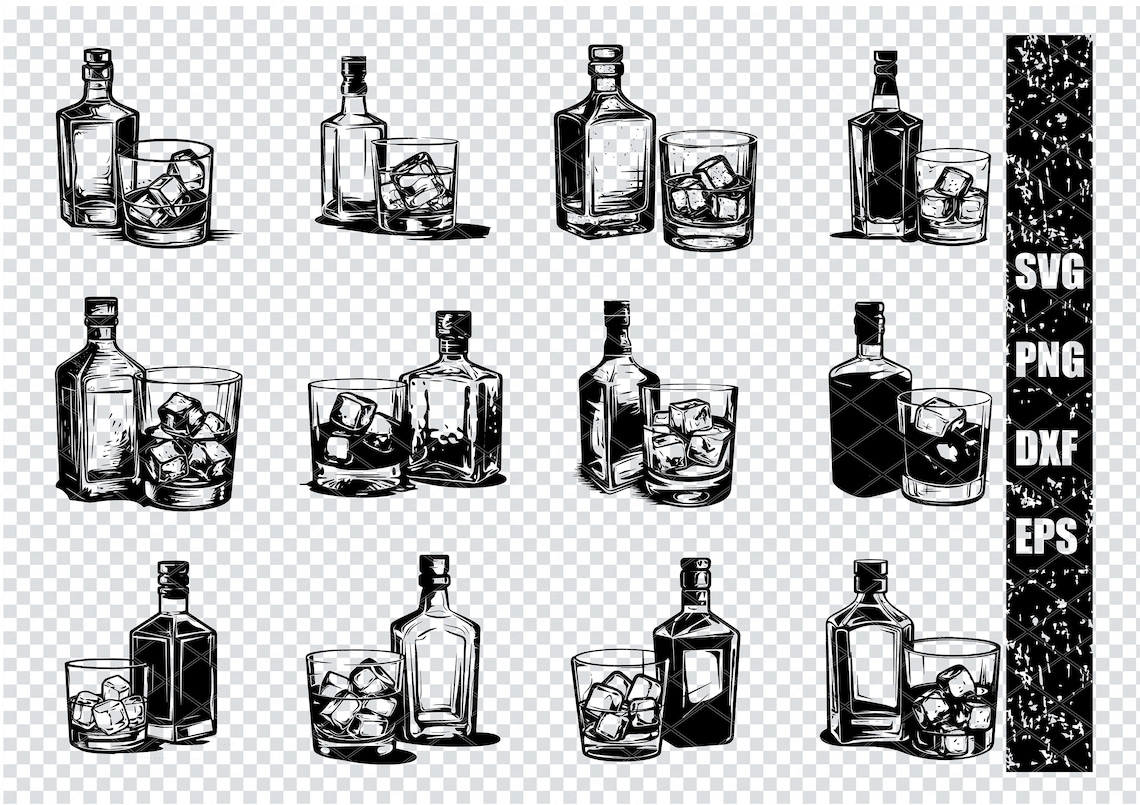 WHISKEY BOTTLE and GLASS Svg, Whiskey With Ice Svg Files for Cricut, Bourbon Clipart, Laser Cut ...