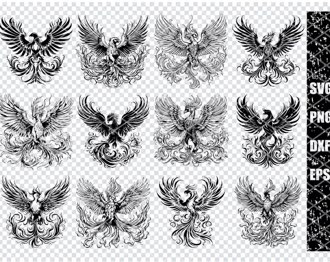 Phoenix Vector Art Svg, Ai, Eps, Png, Dxf Files, Artistic Black and ...