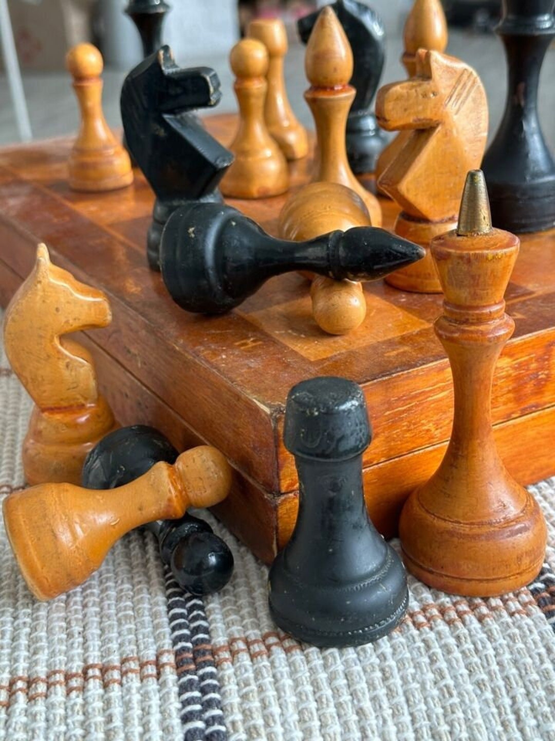 Vintage Wooden Chess Set With Carved Pieces, Retro Soviet Era Chess ...