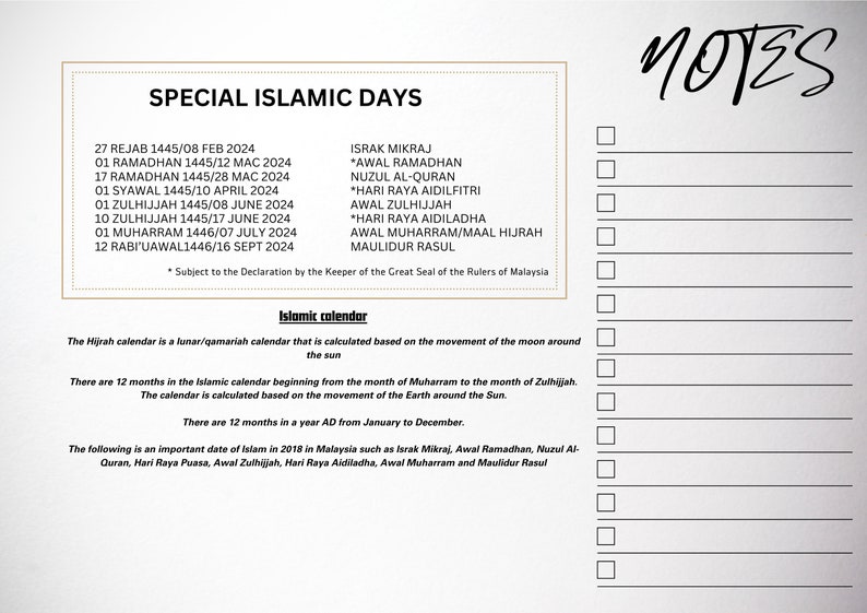 Hijrah Monthly Calendar 2024printable Landscape Horizontal Wall ...