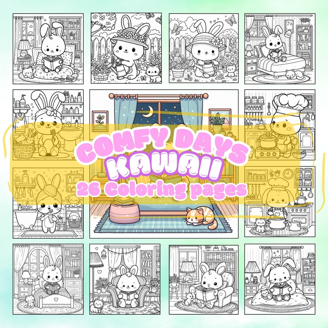 Comfy Day Cute Bunny Animal Character Kawaii Coloring Page Comfort ...