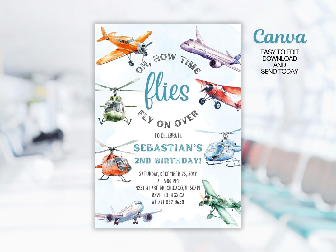 Airplane Birthday Party Invitation, Editable Time Flies Birthday Invite ...