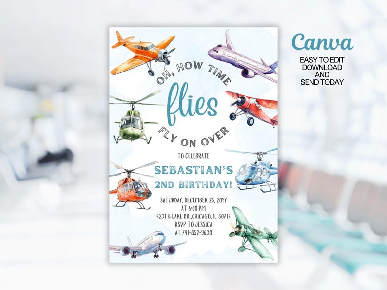 Airplane Birthday Party Invitation, Editable Time Flies Birthday Invite ...