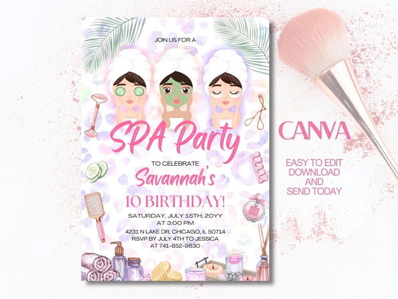 Editable Spa Party Birthday Invitation: Girl's Makeup Theme (canva ...