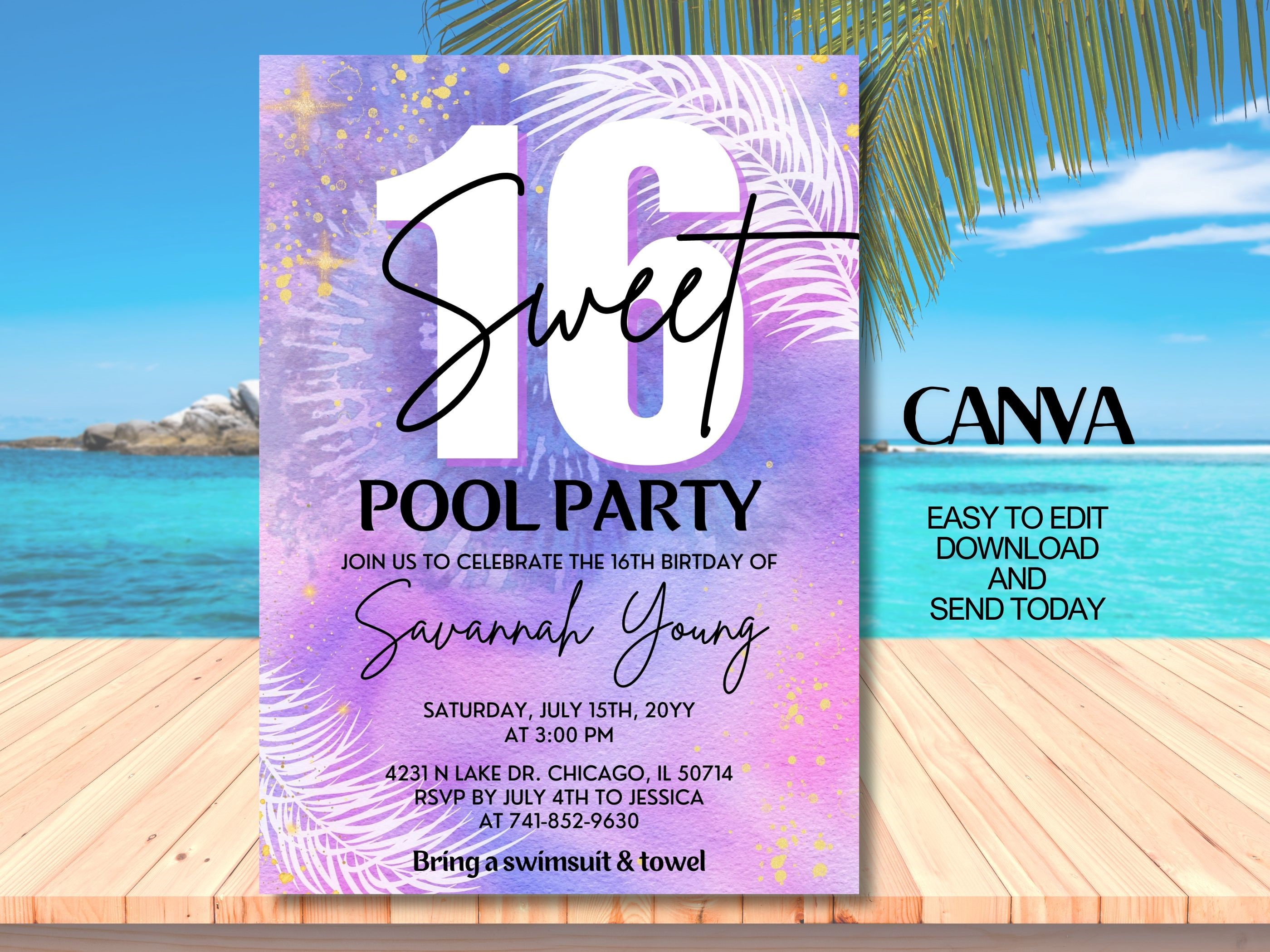 Editable Sweet Sixteen Pool Party Birthday Invitation, Sweet 16 ...