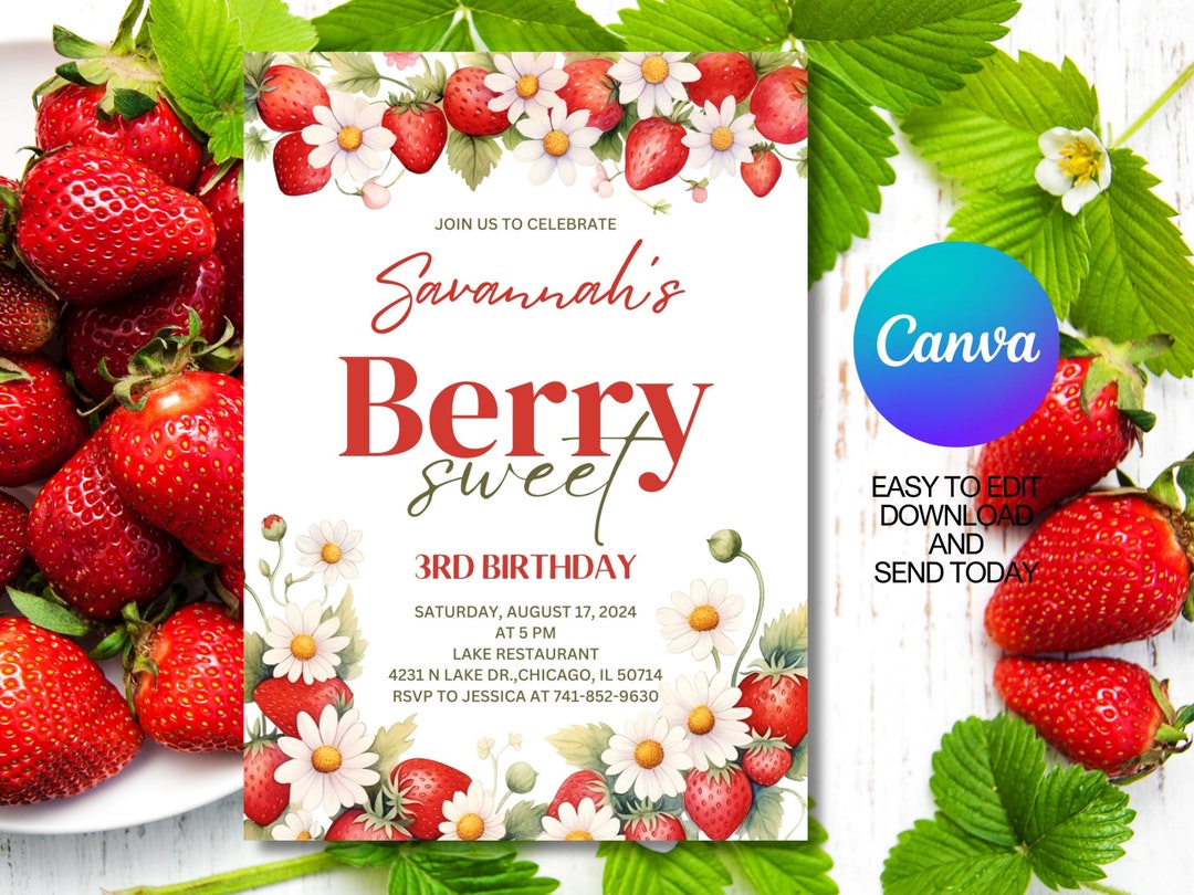 Editable Berry Sweet Birthday Invitation, Birthday Party Invite ...