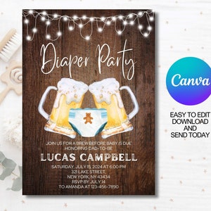 Editable Diapers Party Invitation Template, Baby Shower Invitation ...