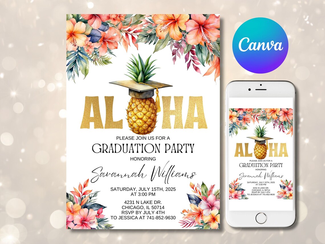 Editable Aloha Graduation Party Invitation, Hawaiian Graduation ...