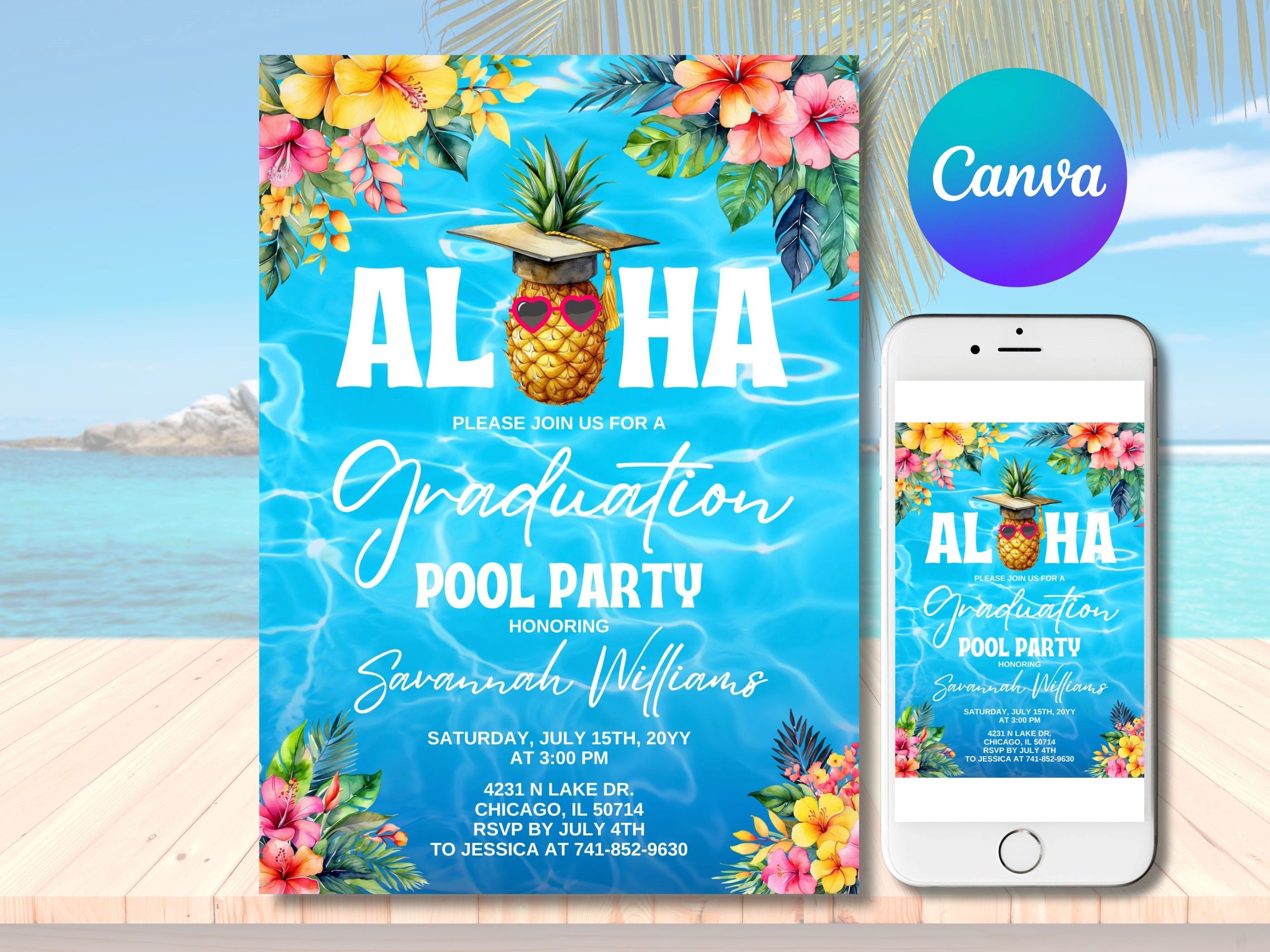 Editable Graduation Pool Party Invitation, Hawaiian Aloha Pool Party ...