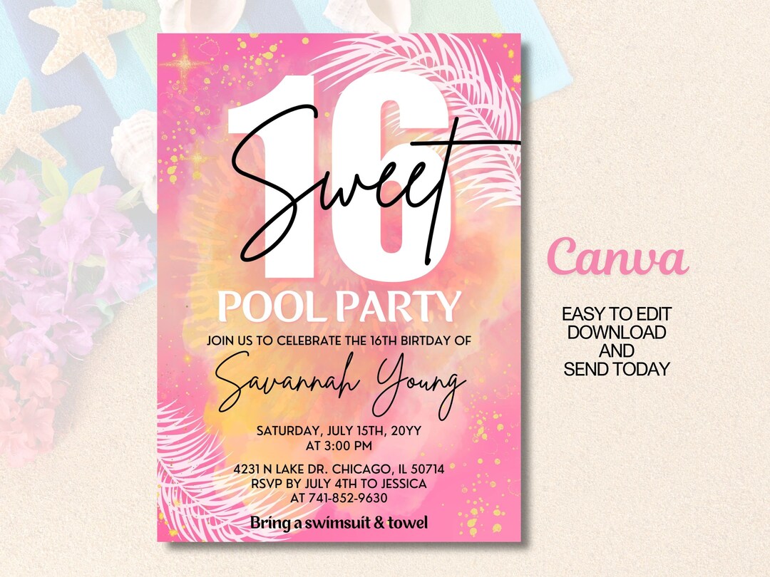 Editable Sweet Sixteen Pool Party Birthday Invitation, Sweet 16 ...