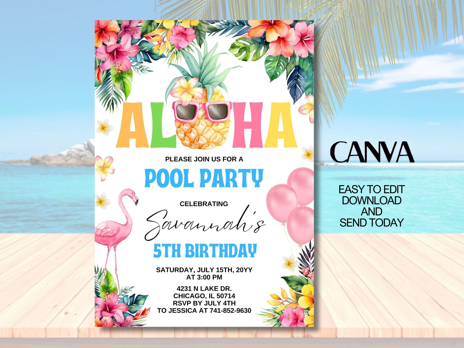 Aloha Pool Party Birthday Invitation: Editable Hawaiian Template (canva ...
