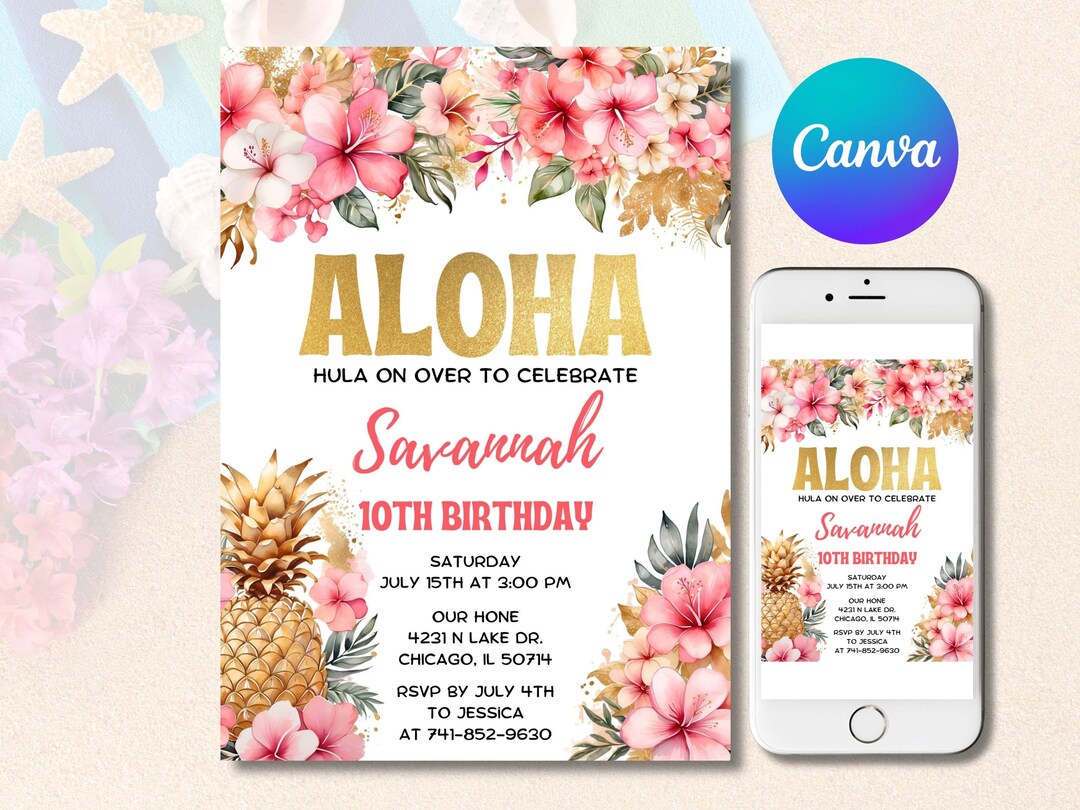 Editable Aloha Birthday Invitation, Hula on Over to Celebrate, Hawaiian ...