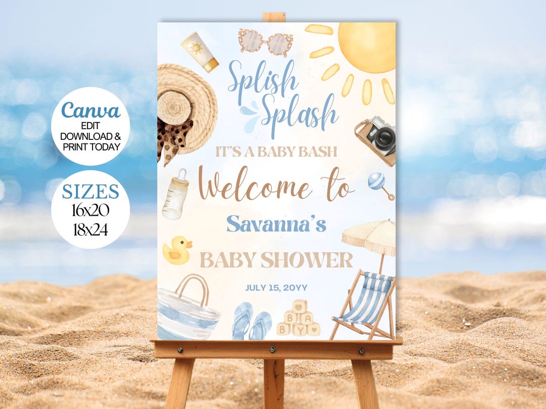 Editable Splish Splash Baby Shower Welcome Poster, Tropical Summer Girl ...