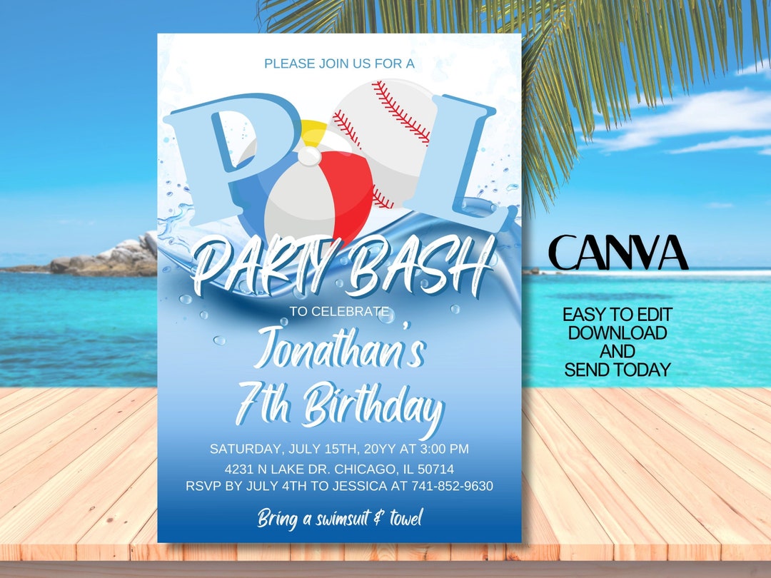 Editable Baseball Pool Party Bash Birthday Invitation, Sports Pool ...