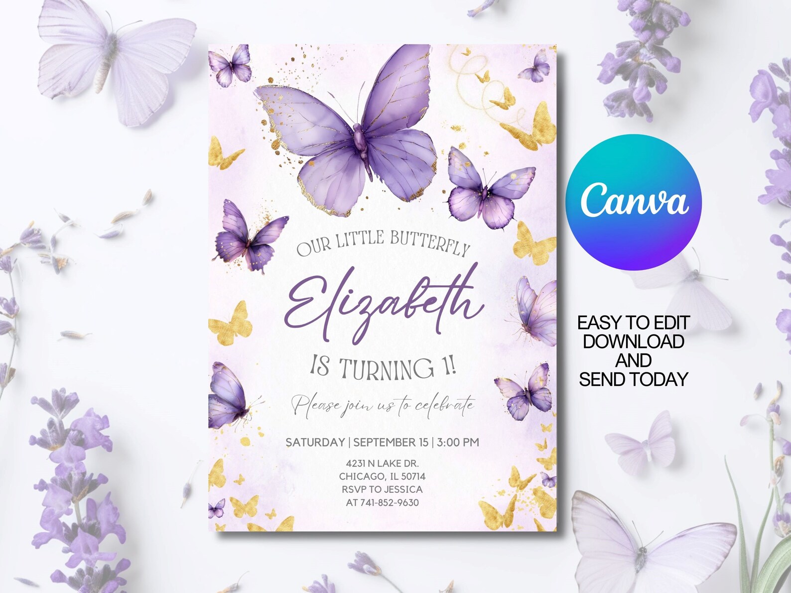 Editable Butterfly 1st Birthday Invitation, Girl Purple Butterfly ...