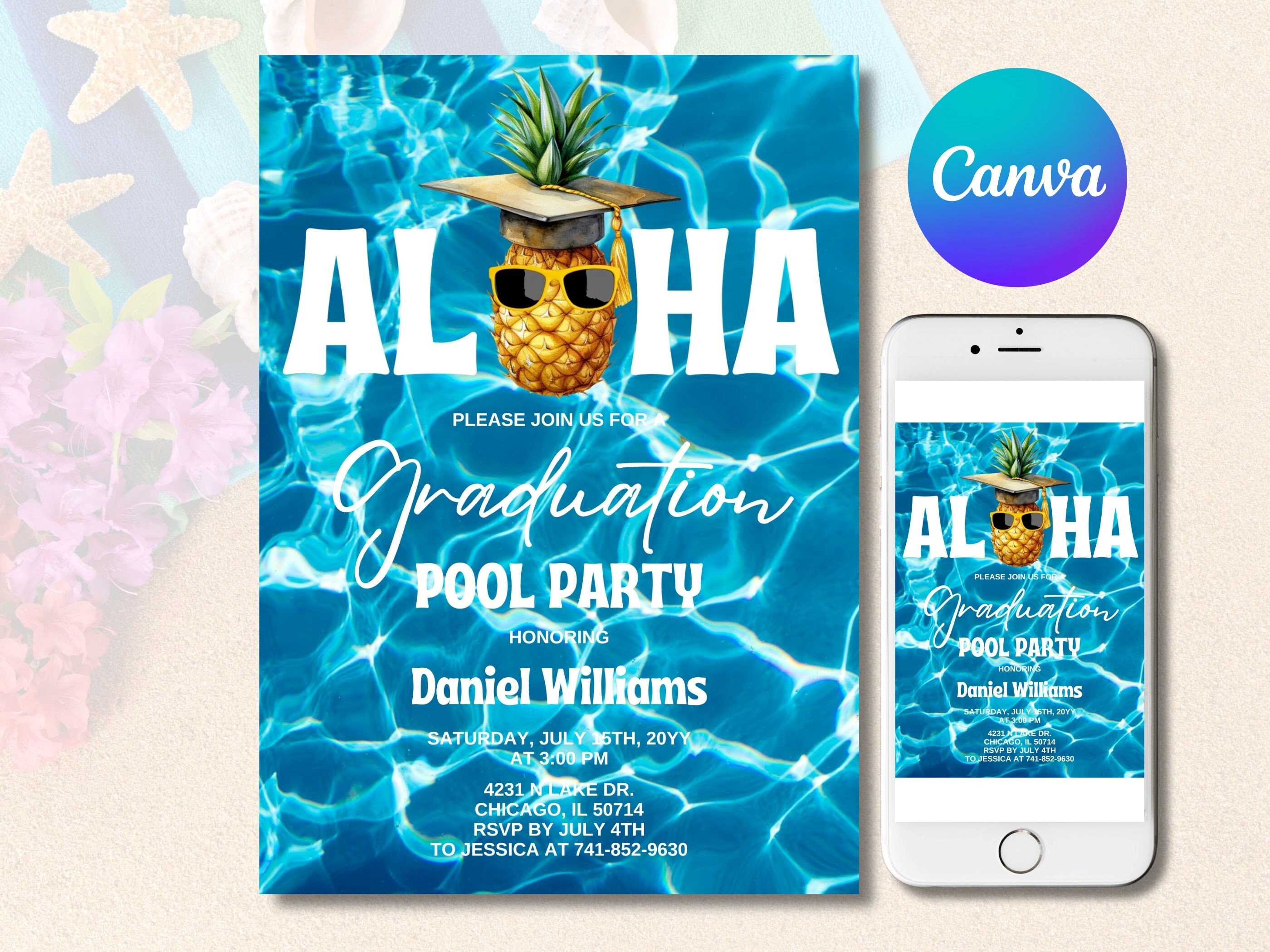 Editable Aloha Pool Party Birthday Invitation for Man, Hawaiian Pool ...