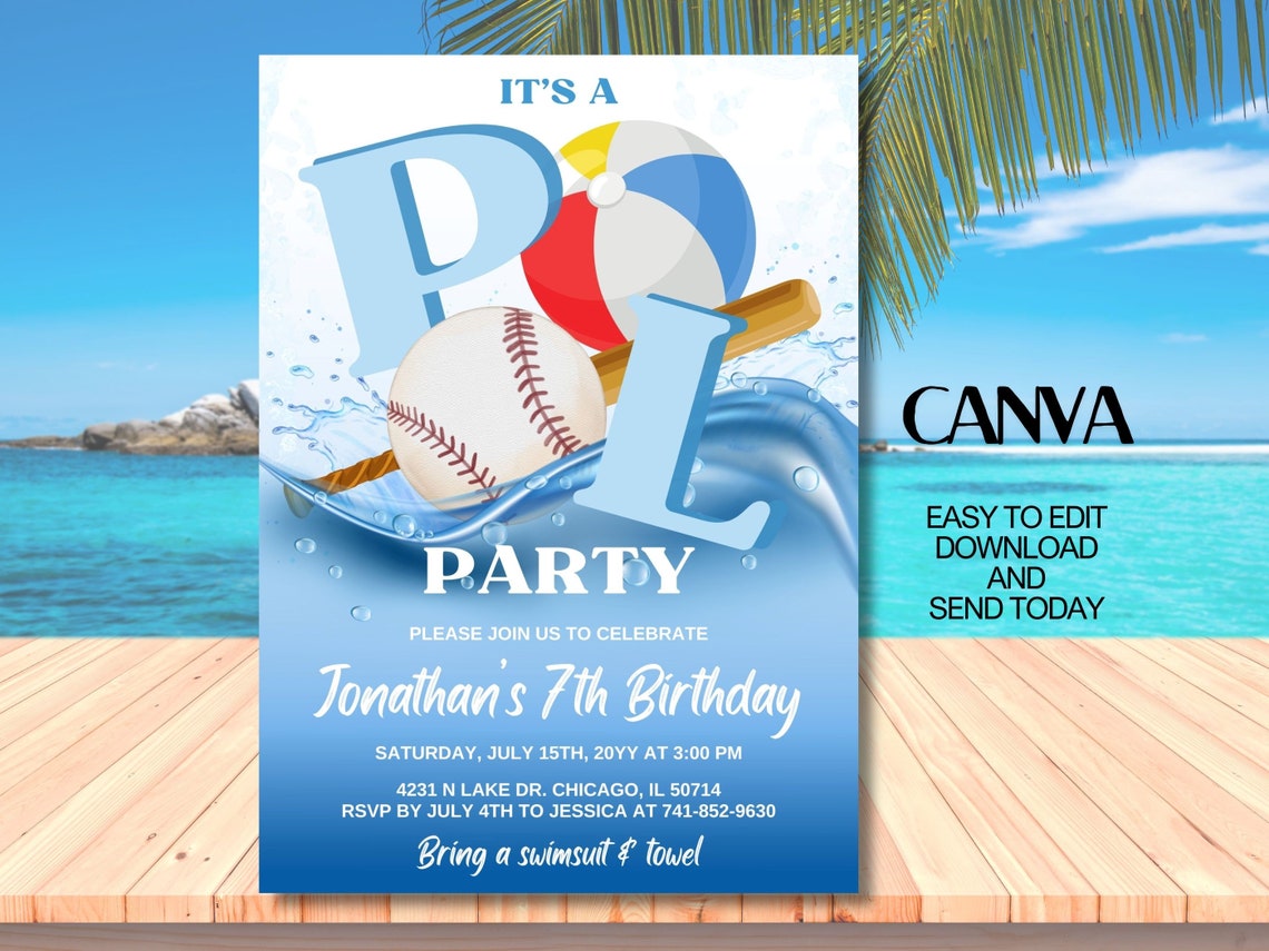 Editable Pool Baseball Party Birthday Invitation, Sports Pool Party ...