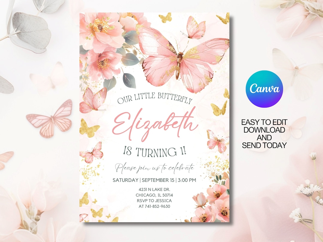 Editable Butterfly 1st Birthday Invitation, Butterfly Birthday Party ...