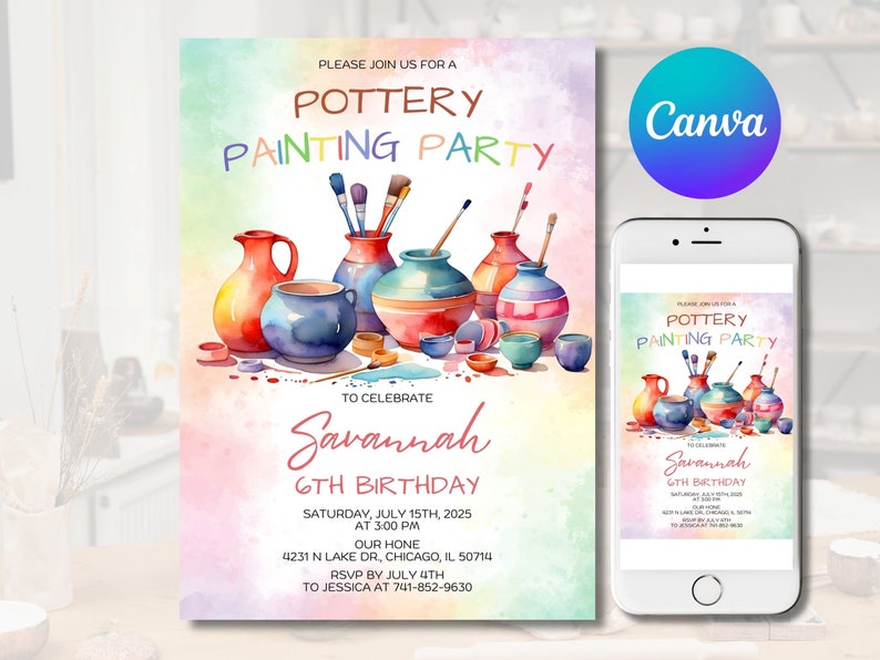 Pottery Painting Party Invitation, Editable Painting Party Birthday ...