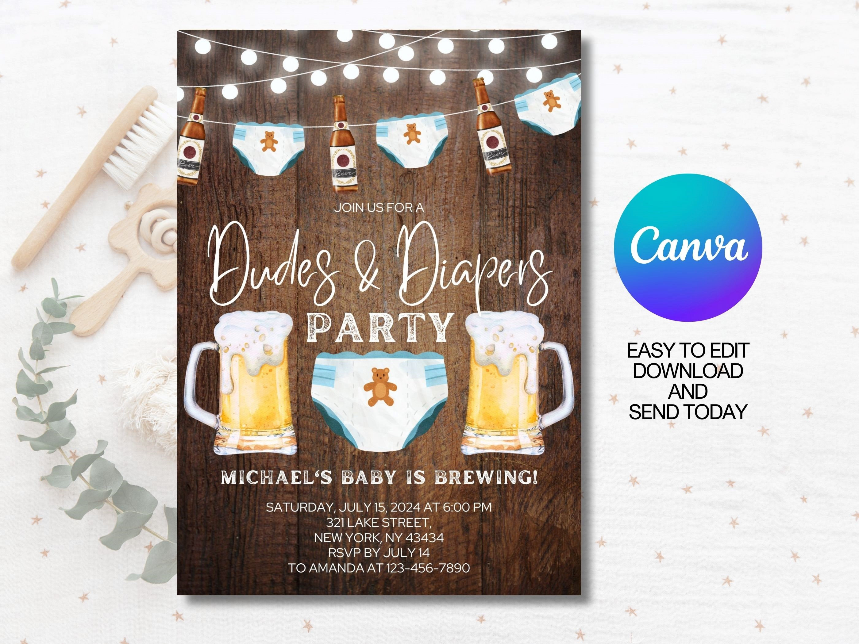 Editable Dudes and Diapers Party Invitation Template, Baby Shower ...
