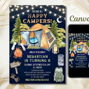 Editable Happy Camper Birthday Party Invitation, Camping Birthday ...