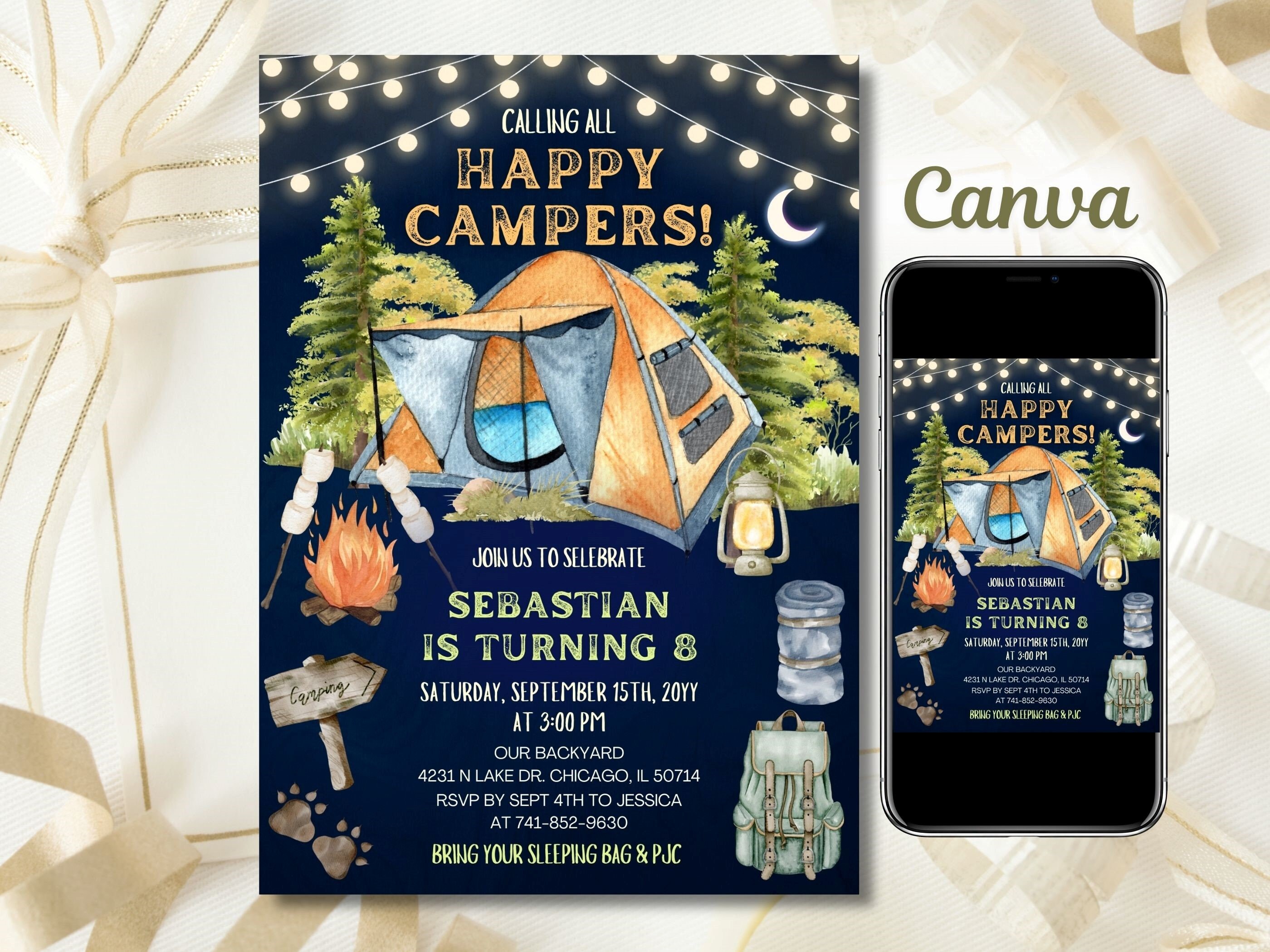 Editable Happy Camper Birthday Party Invitation, Camping Birthday ...