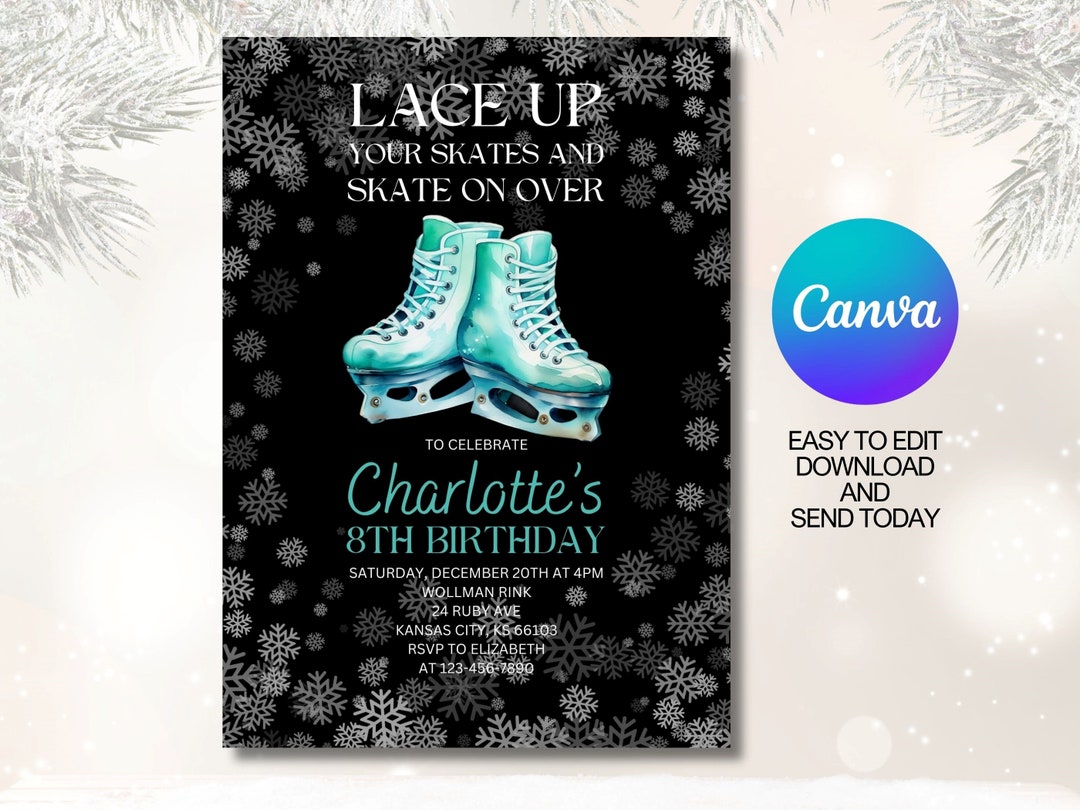 Ice Skating Birthday Party Invitation, Editable Template With Black ...