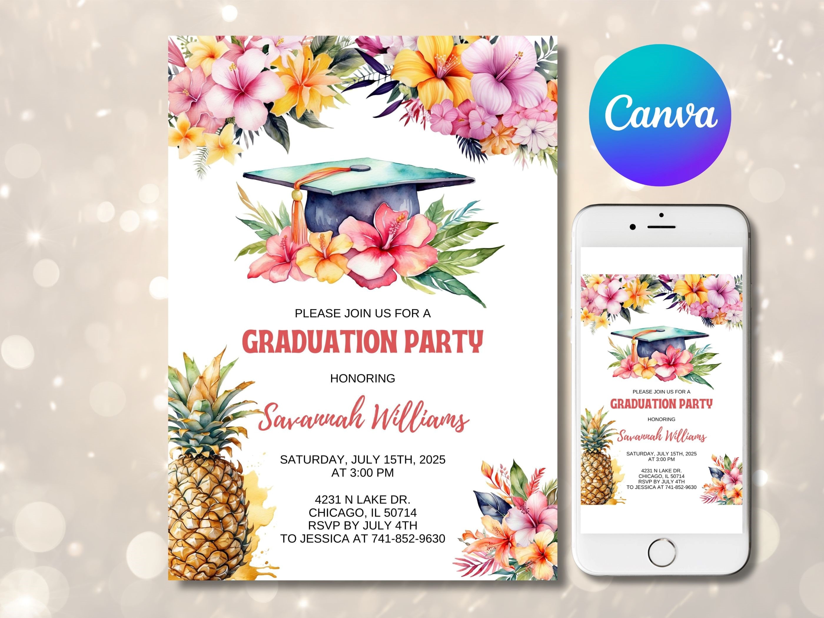 Editable Graduation Party Invitation, Hawaiian Graduation Celebration ...