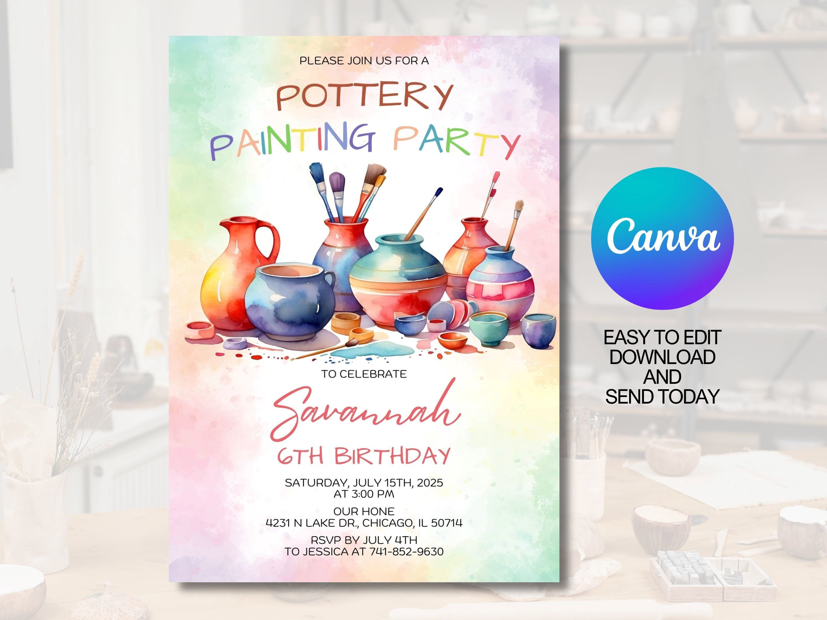 Pottery Painting Party Invitation, Editable Painting Party Birthday ...