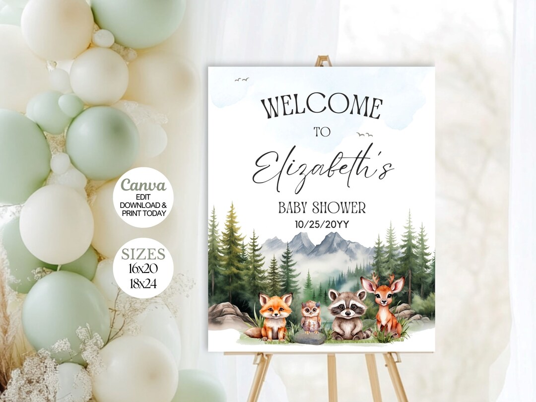 Woodland Baby Shower Welcome Sign: Forest Animals, Editable Canva ...