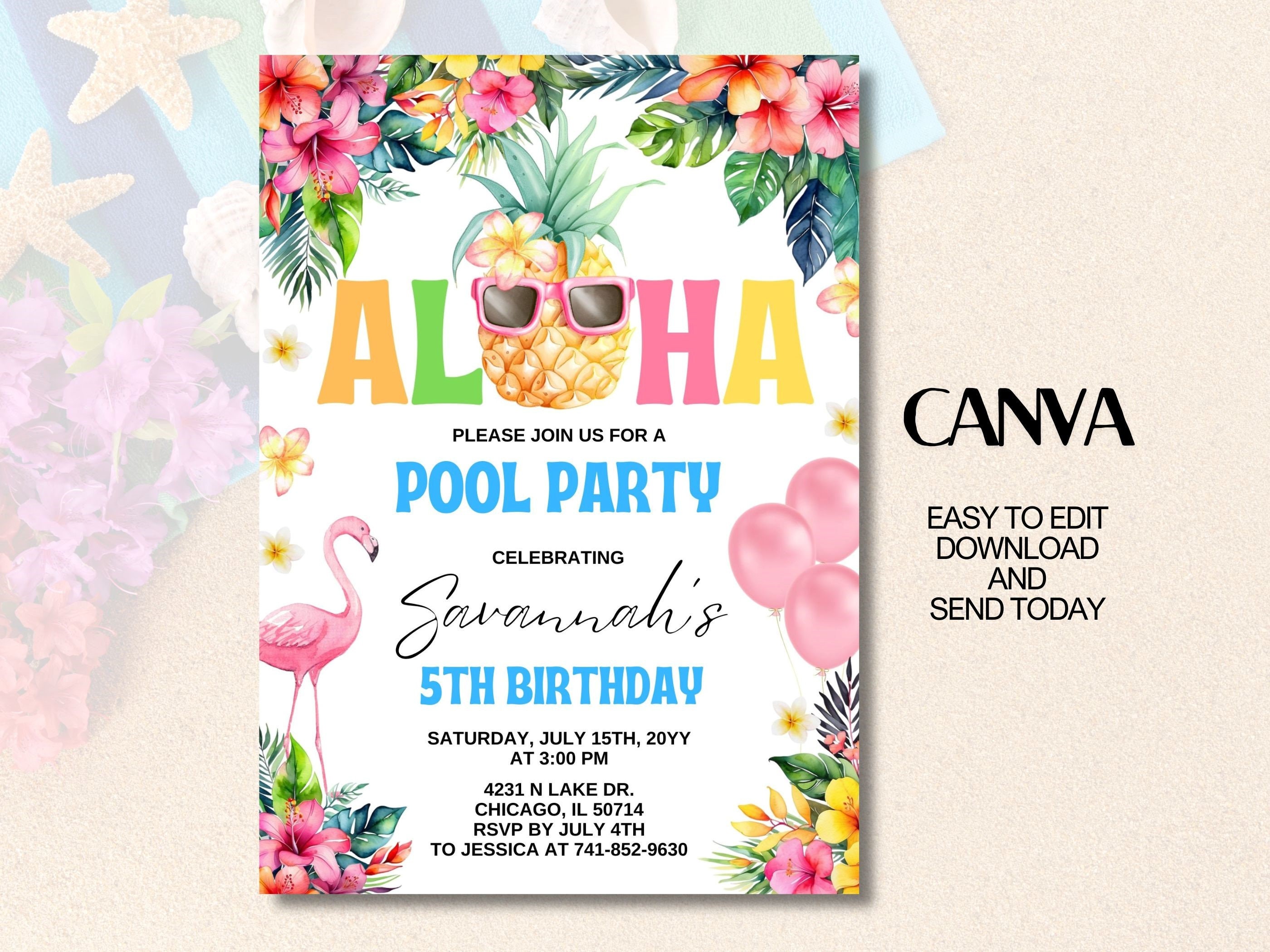 Aloha Pool Party Birthday Invitation: Editable Hawaiian Template (canva ...