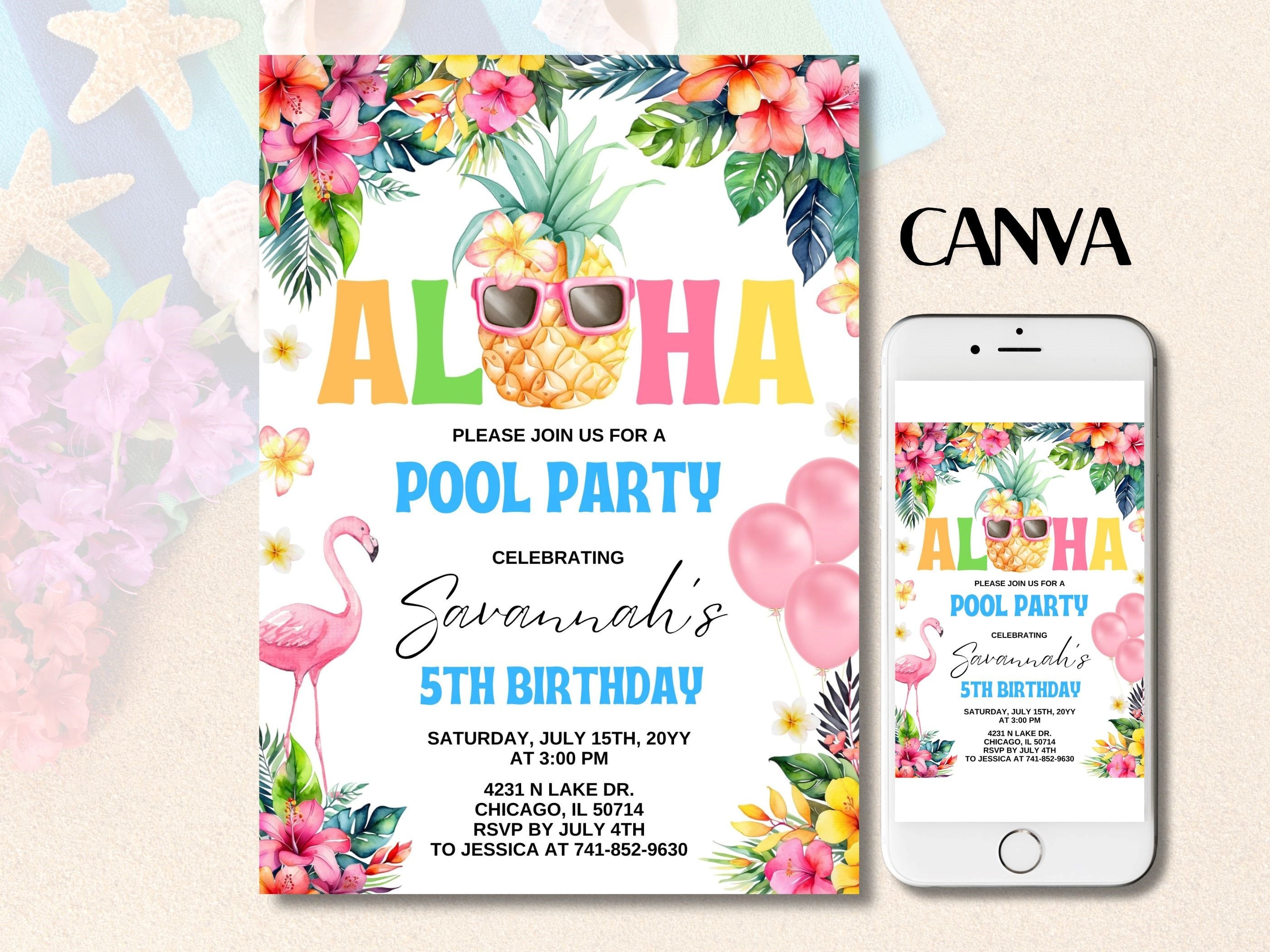 Aloha Pool Party Birthday Invitation: Editable Hawaiian Template (canva ...