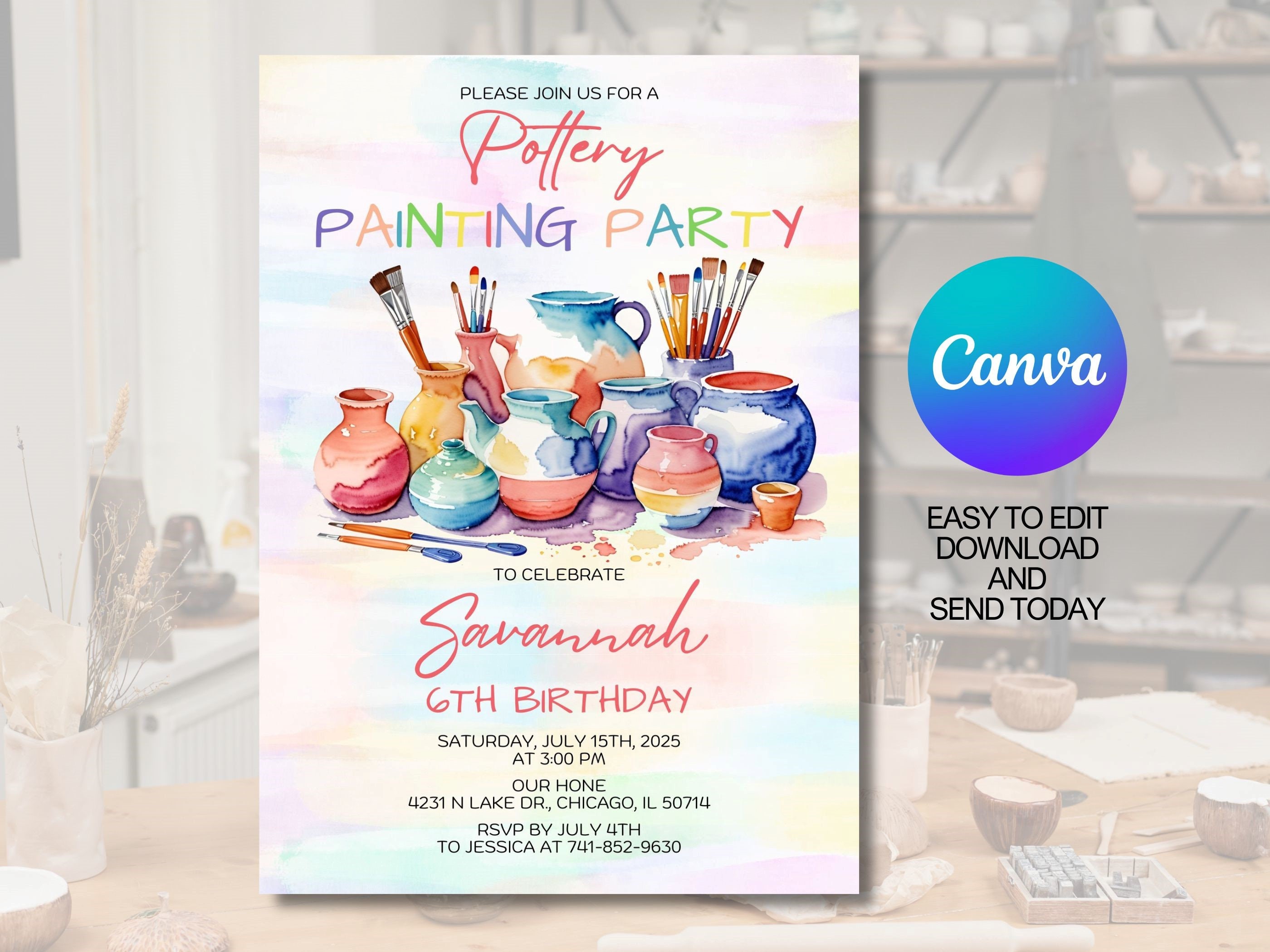 Pottery Painting Party Invitation: Editable Birthday Invite (canva) - Etsy
