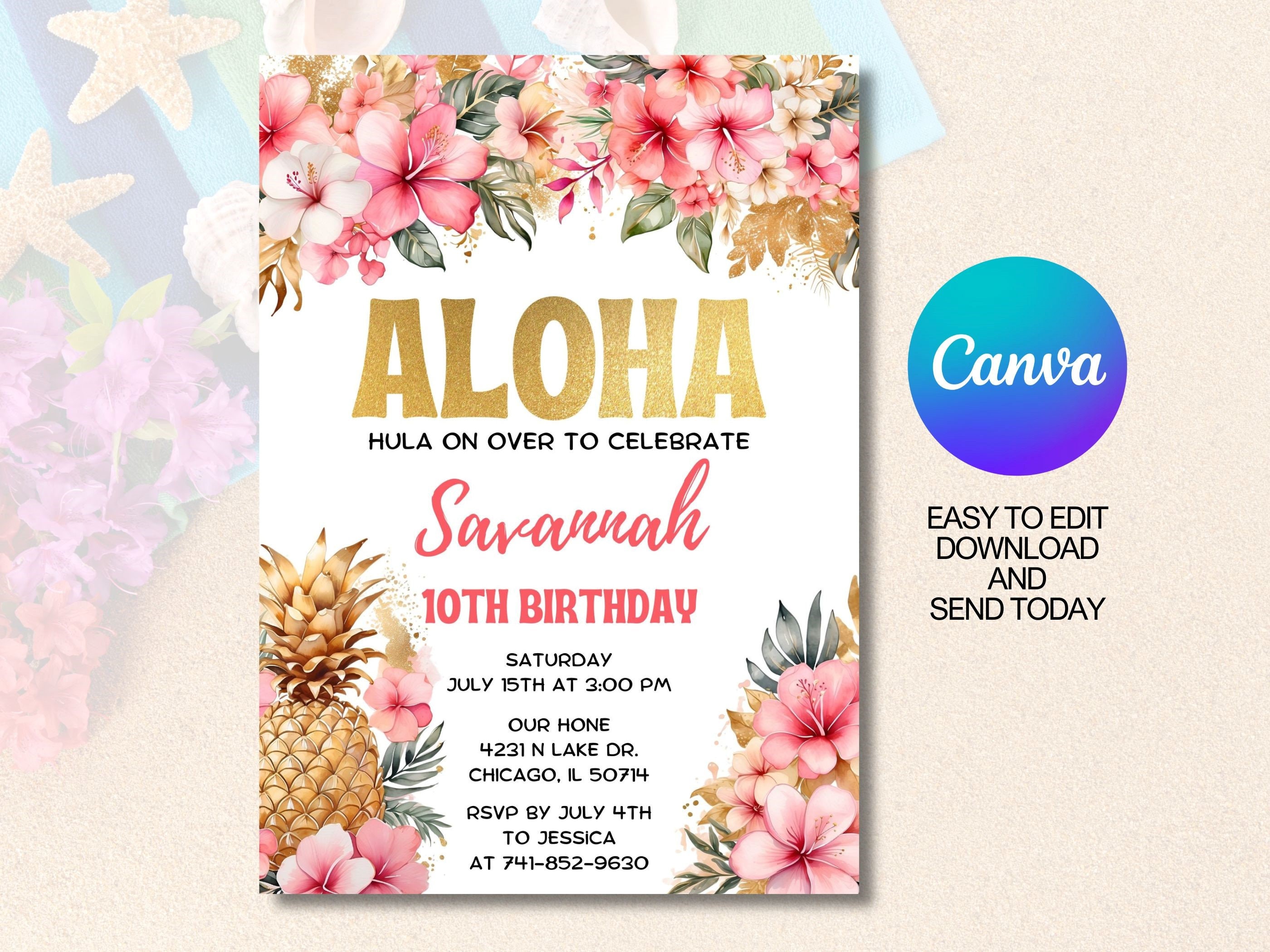 Editable Aloha Birthday Invitation, Hula on Over to Celebrate, Hawaiian ...