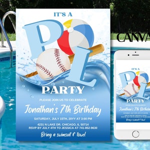 Editable Pool Baseball Party Birthday Invitation, Sports Pool Party ...