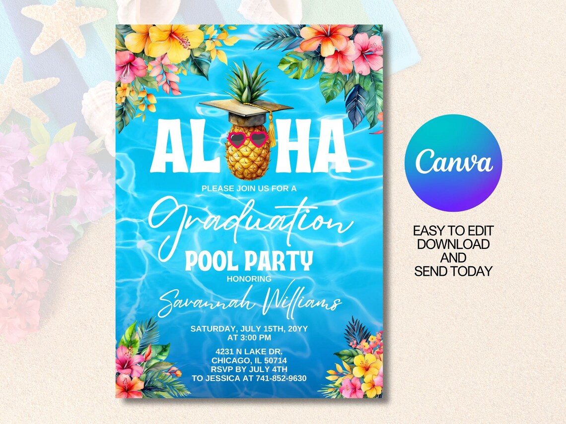 Editable Graduation Pool Party Invitation, Hawaiian Aloha Pool Party ...
