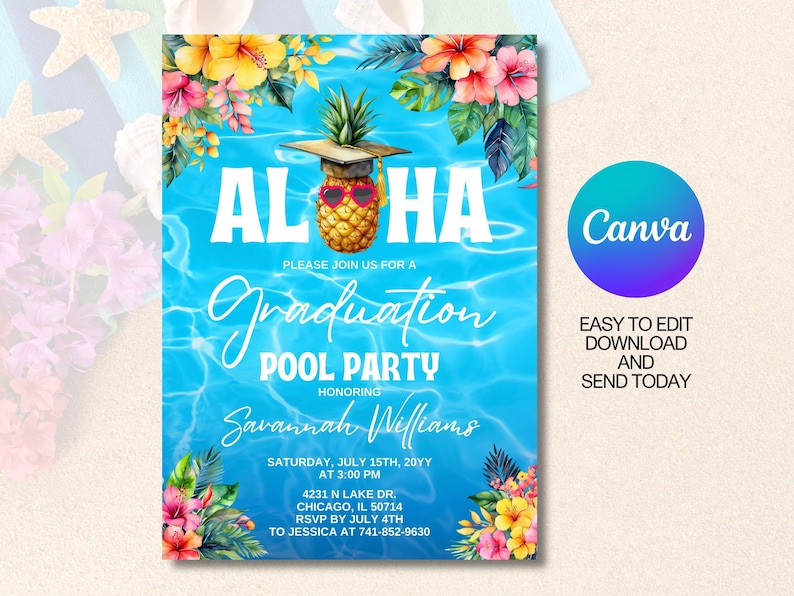 Editable Graduation Pool Party Invitation, Hawaiian Aloha Pool Party ...