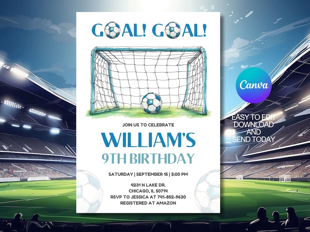 Editable Soccer Birthday Party Invitation, Personalized Football Goal ...