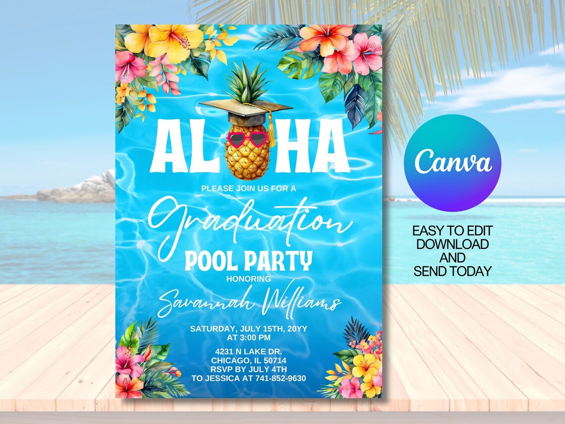 Editable Graduation Pool Party Invitation, Hawaiian Aloha Pool Party ...