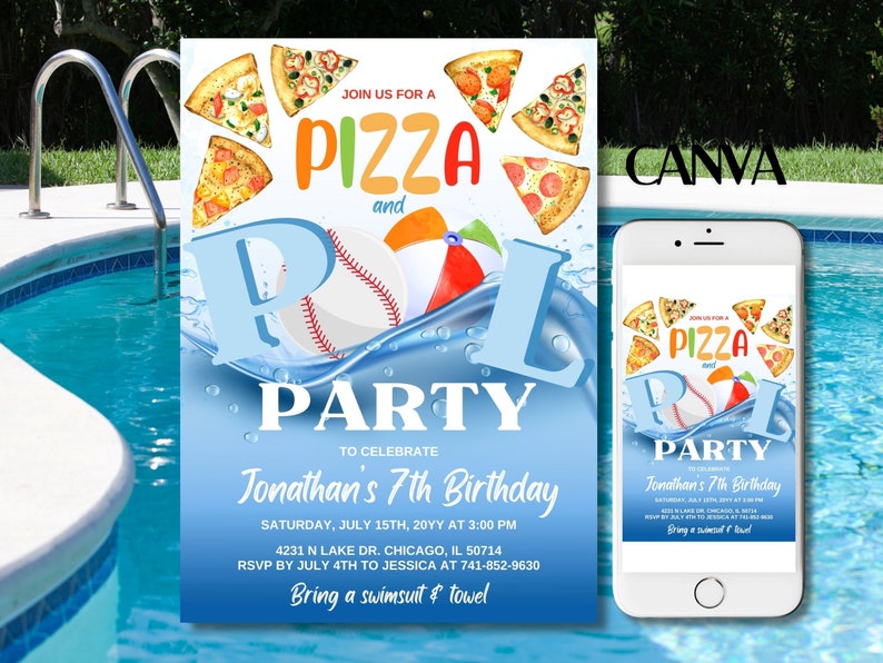 Editable Pizza and Pool Party Birthday Invitation, Pizza Pool Party ...